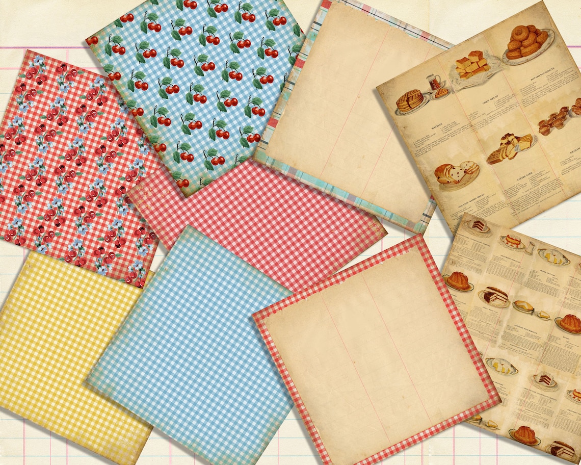 Farmhouse Recipe Scrapbook Paper, Retro Kitchen Ephemera (digital ...