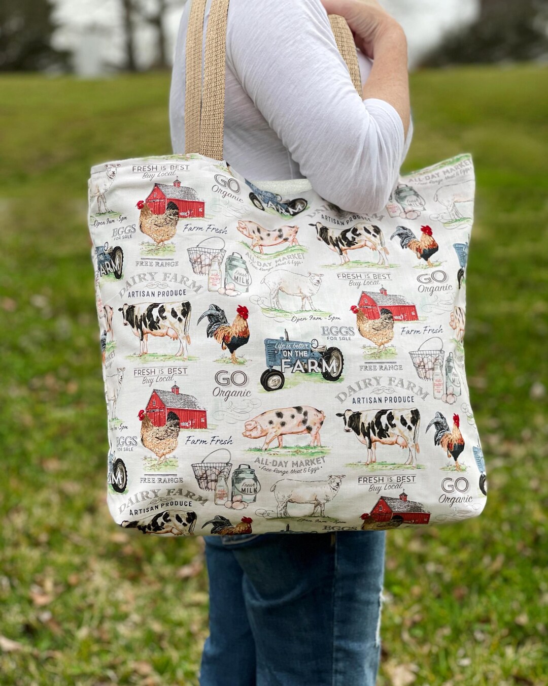 Farm Animal Canvas Tote Bag: Reversible Farmers Market Grocery Bag ...
