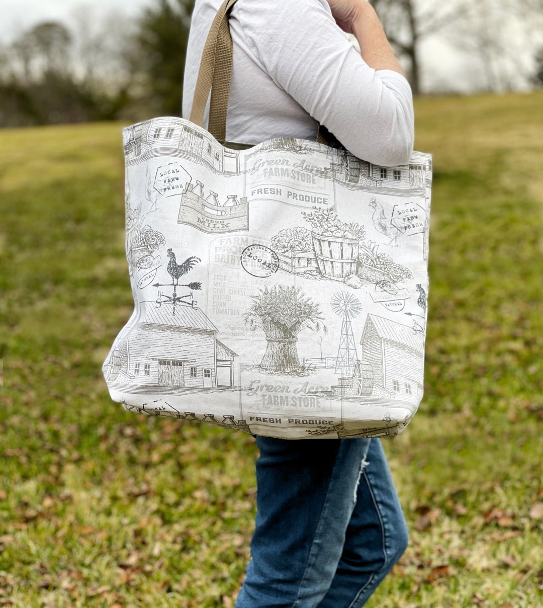 Farm Canvas Grocery Tote Bag: Reversible Reusable Market Bag - Etsy