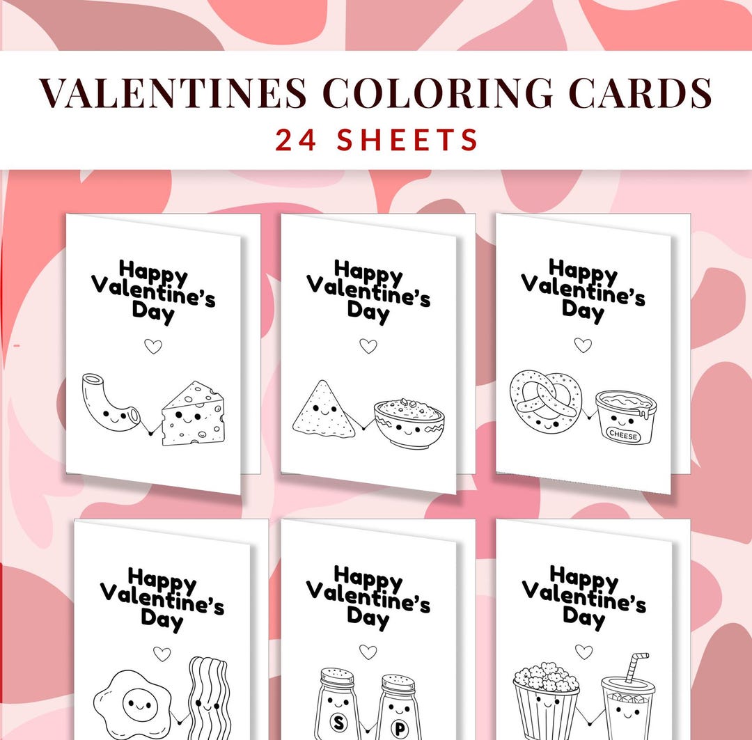 24 Unique Food Pairing Valentines Coloring Cards for Kids, Classroom ...
