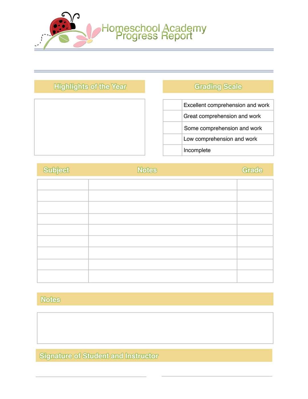 Homeschool Progress Reports - Elementary School - K-6 Report - Teacher ...