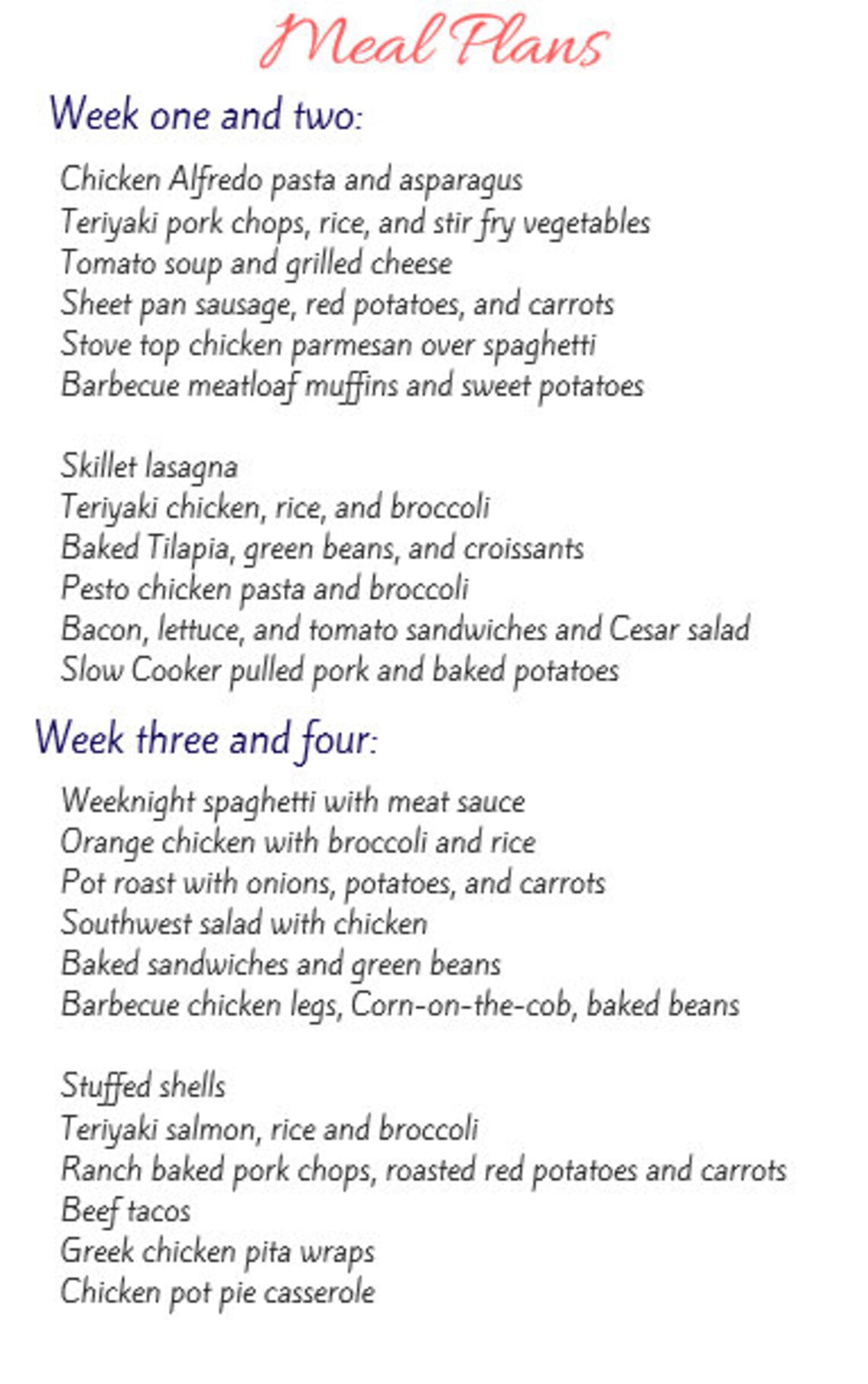 4 Week Rotating Meal Plan - Etsy
