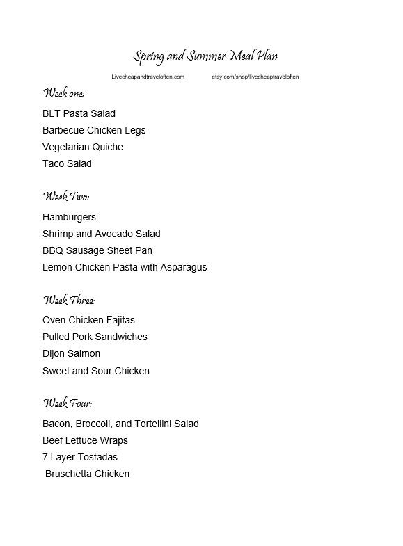 Rotating 4 Week Spring and Summer Meal Plan - Etsy