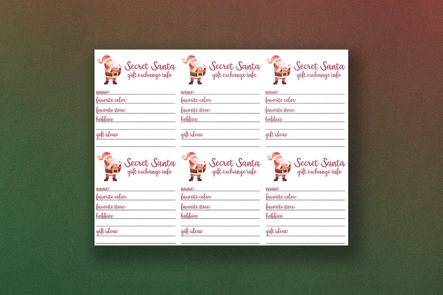 Secret Santa Gift Exchange Info Cards | Secret Santa Gift Exchange ...