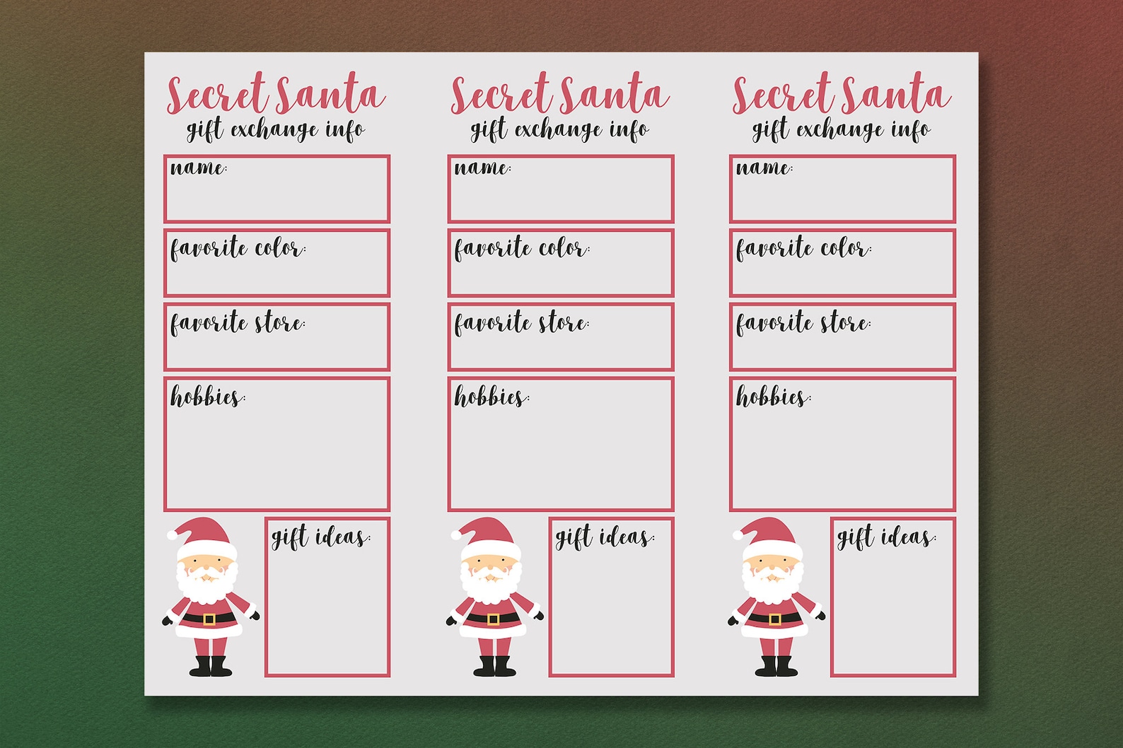 Secret Santa Gift Exchange Info Cards | Secret Santa Gift Exchange ...