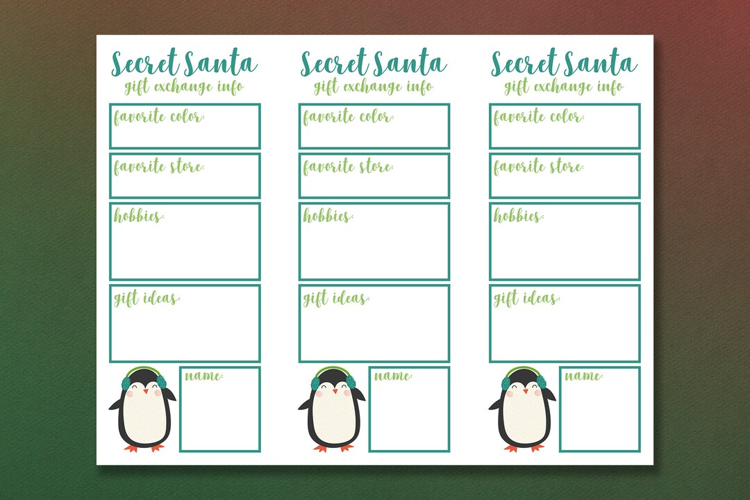Secret Santa Gift Exchange Info Cards | Secret Santa Gift Exchange ...