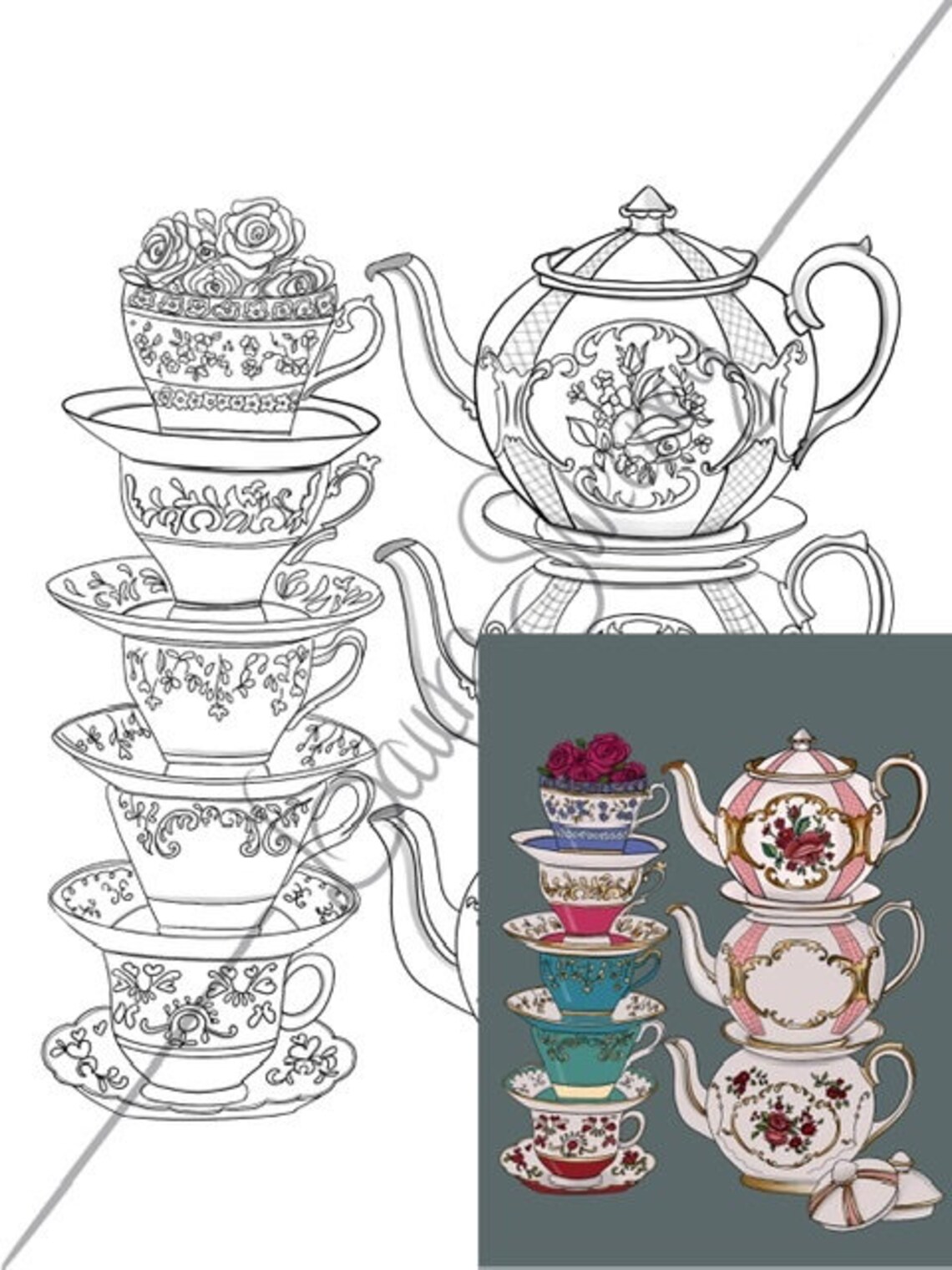 Fancy Tea Cup Digital Coloring Pages Printable Instant - Etsy