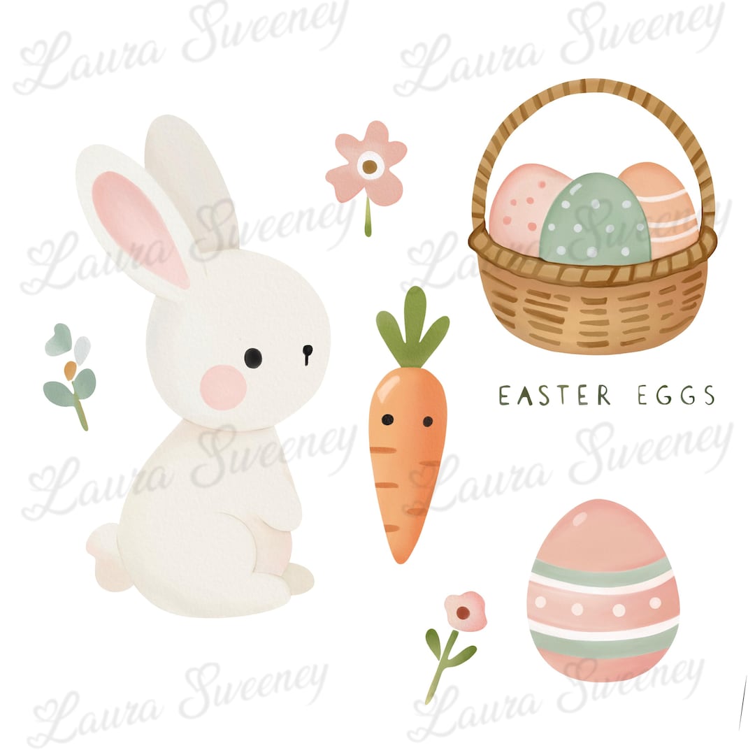 Easter, Bunny, Pastel Watercolor Clipart and Seamless Digital Paper ...