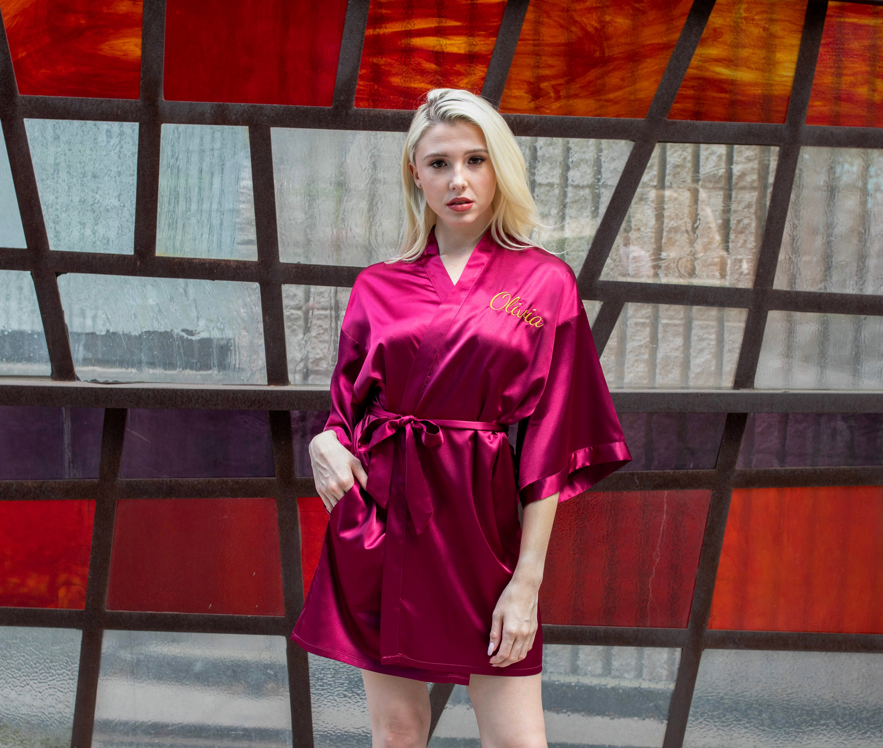 Wine Red Satin Robe Monogram Robe Bridesmaid Gift Bridal | Etsy