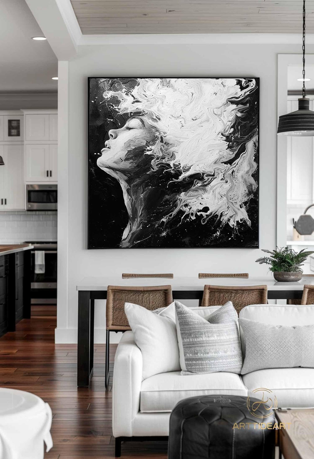 Large Faceless Portrait Painting Abstract Figure Wall Art Black White ...