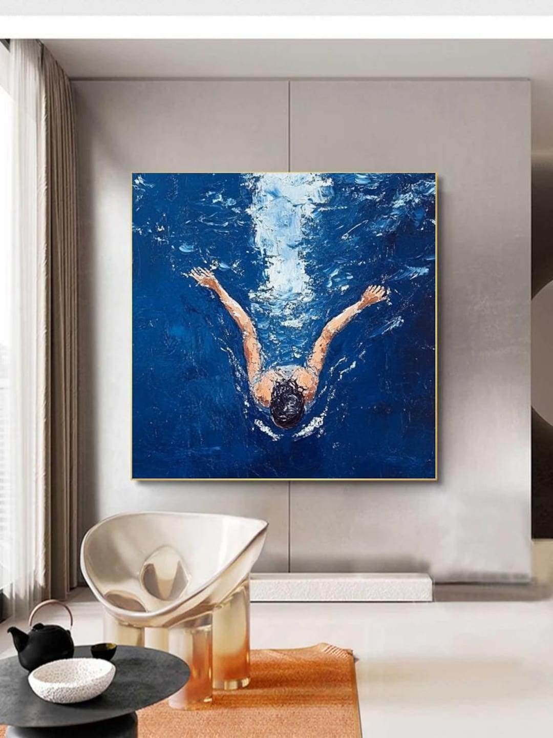 Swimming Painting Blue Textured Wall Art Swimmers Gift Blue Minimalist ...