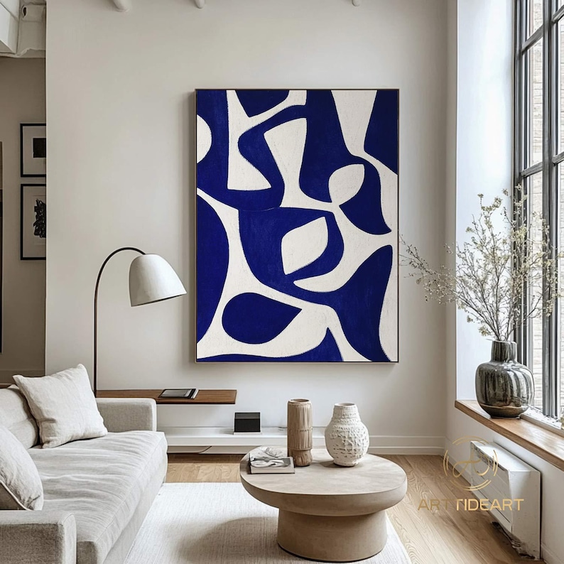 Large Navy Blue Abstract Painting: Beige Textured Canvas Wall Art - Etsy