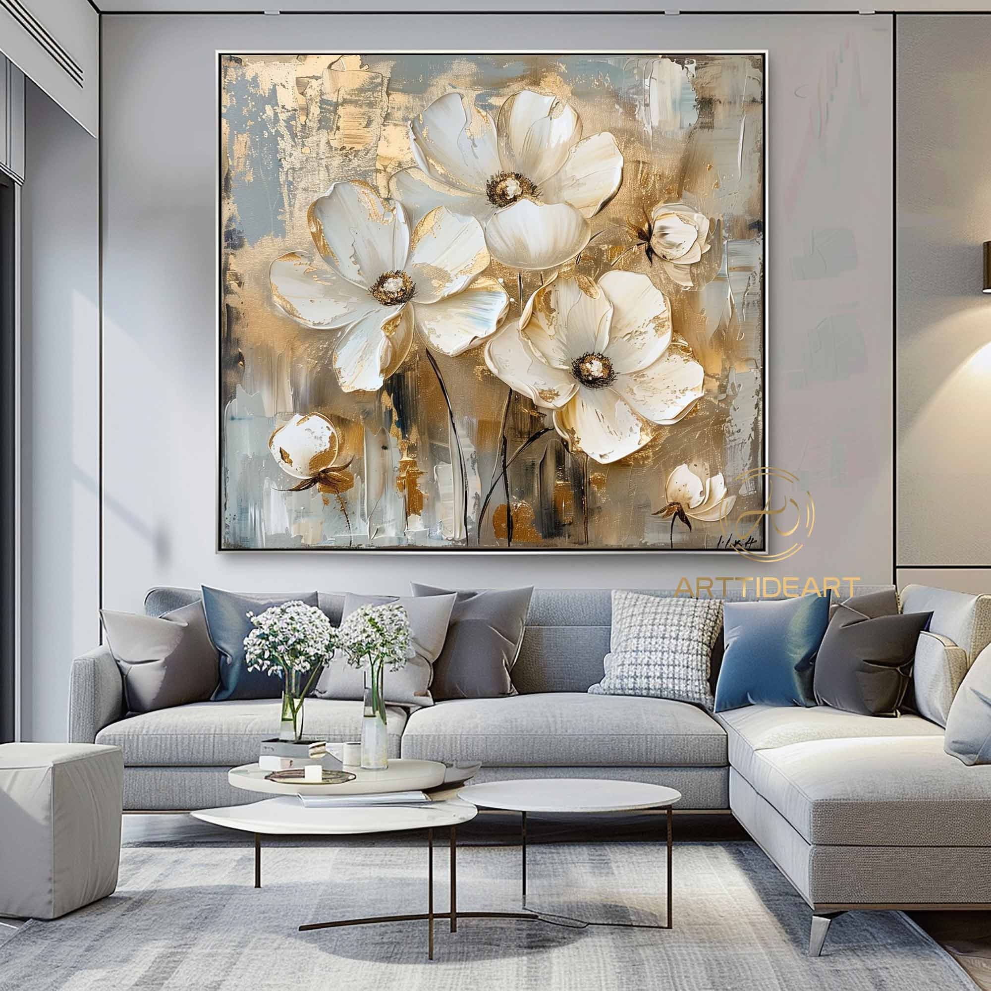 Large Original Gold Flower Oil Painting on Canvas, Canvas Wall Art ...