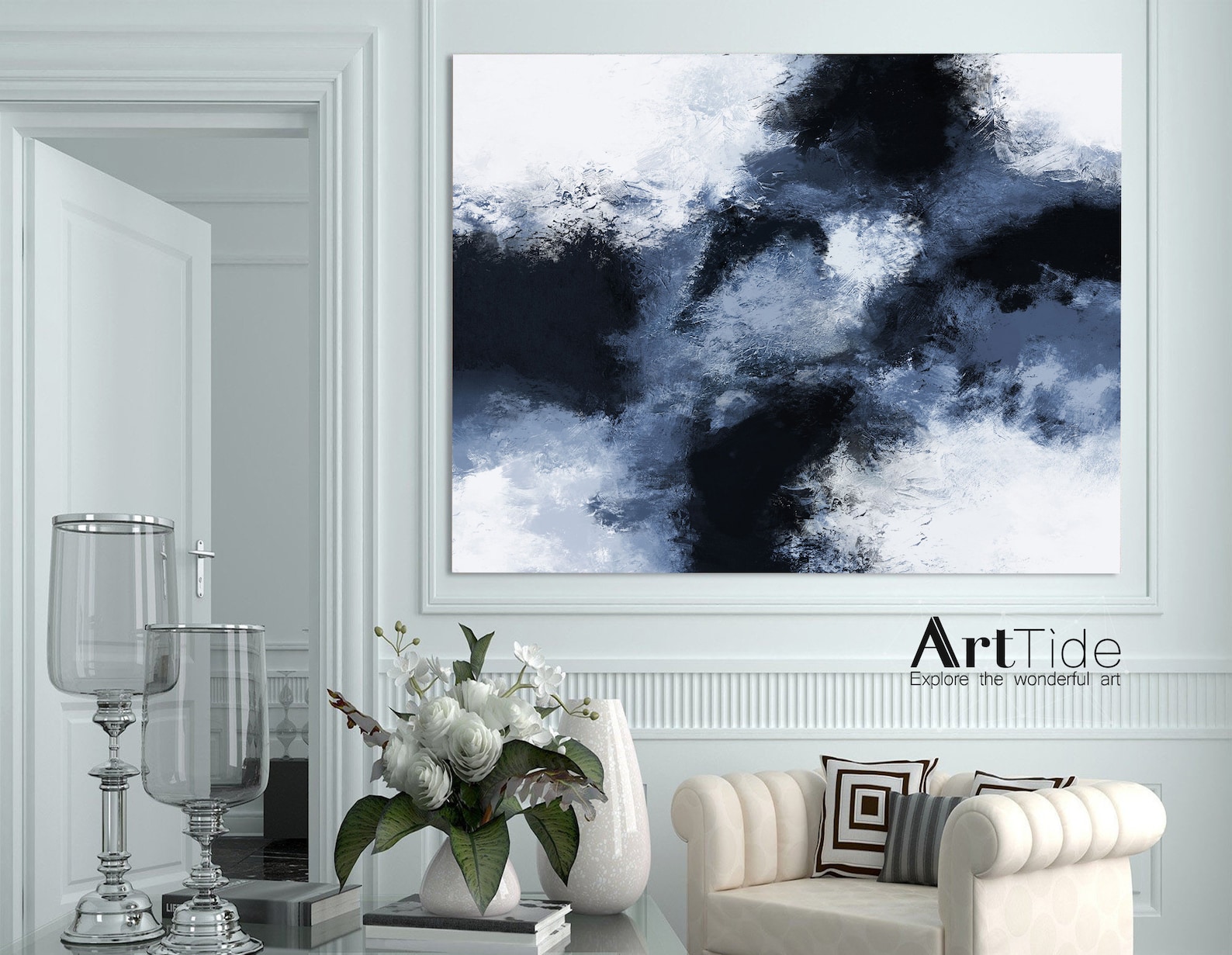 Large Abstract Painting on Canvas White Abstract Painting Blue | Etsy