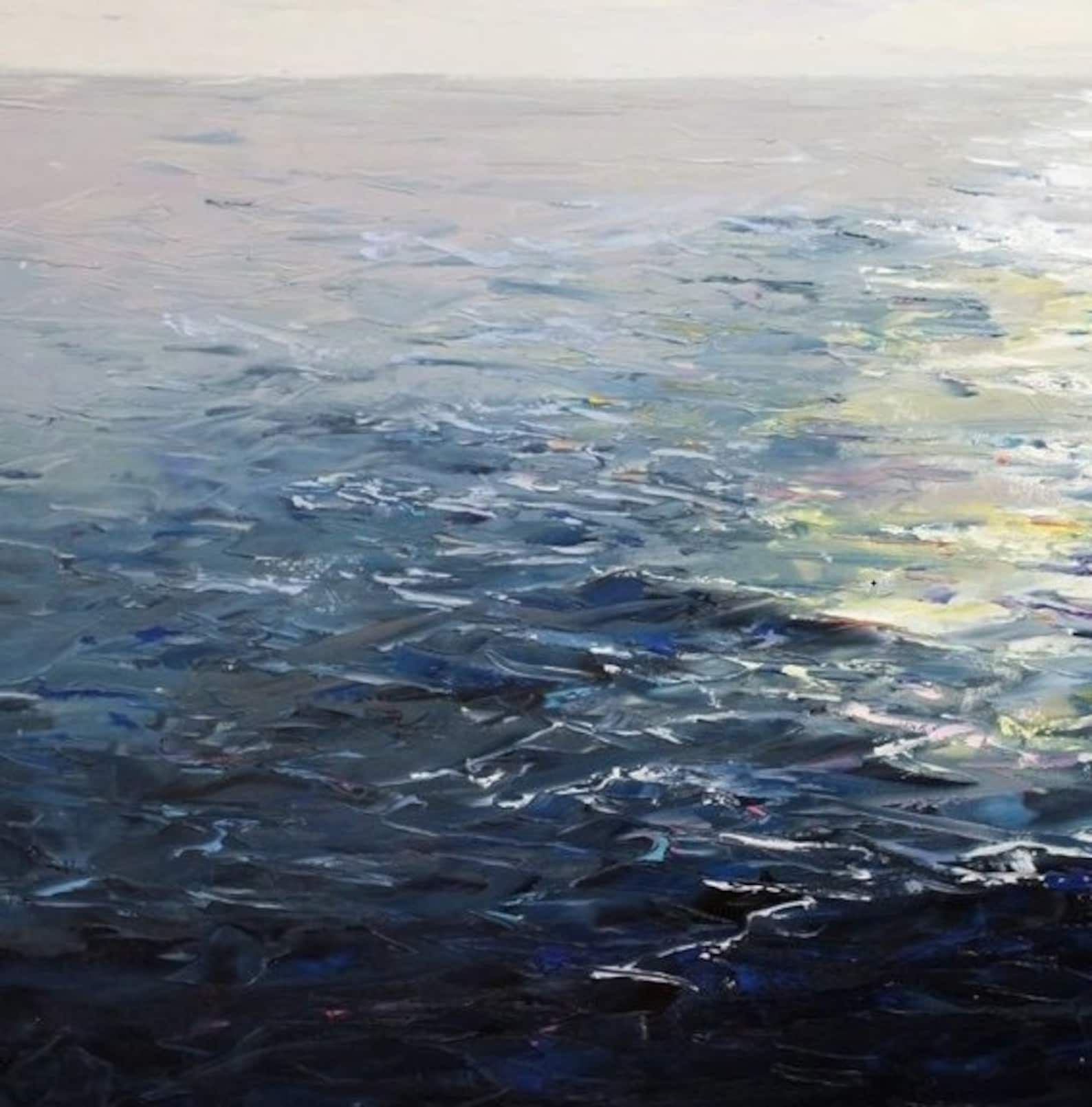 Abstract Seascape Painting: Deep Blue Ocean Sunset, Handmade Canvas Art ...