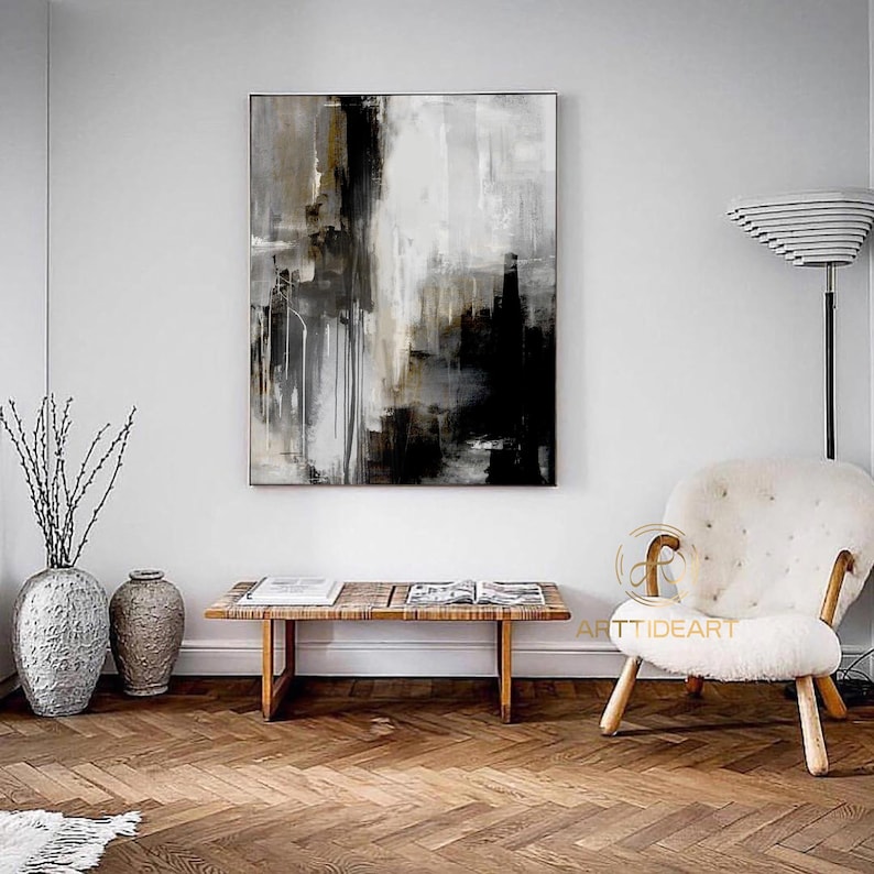 Large Black and White Abstract Painting: Gray Wall Art - Etsy Hong Kong