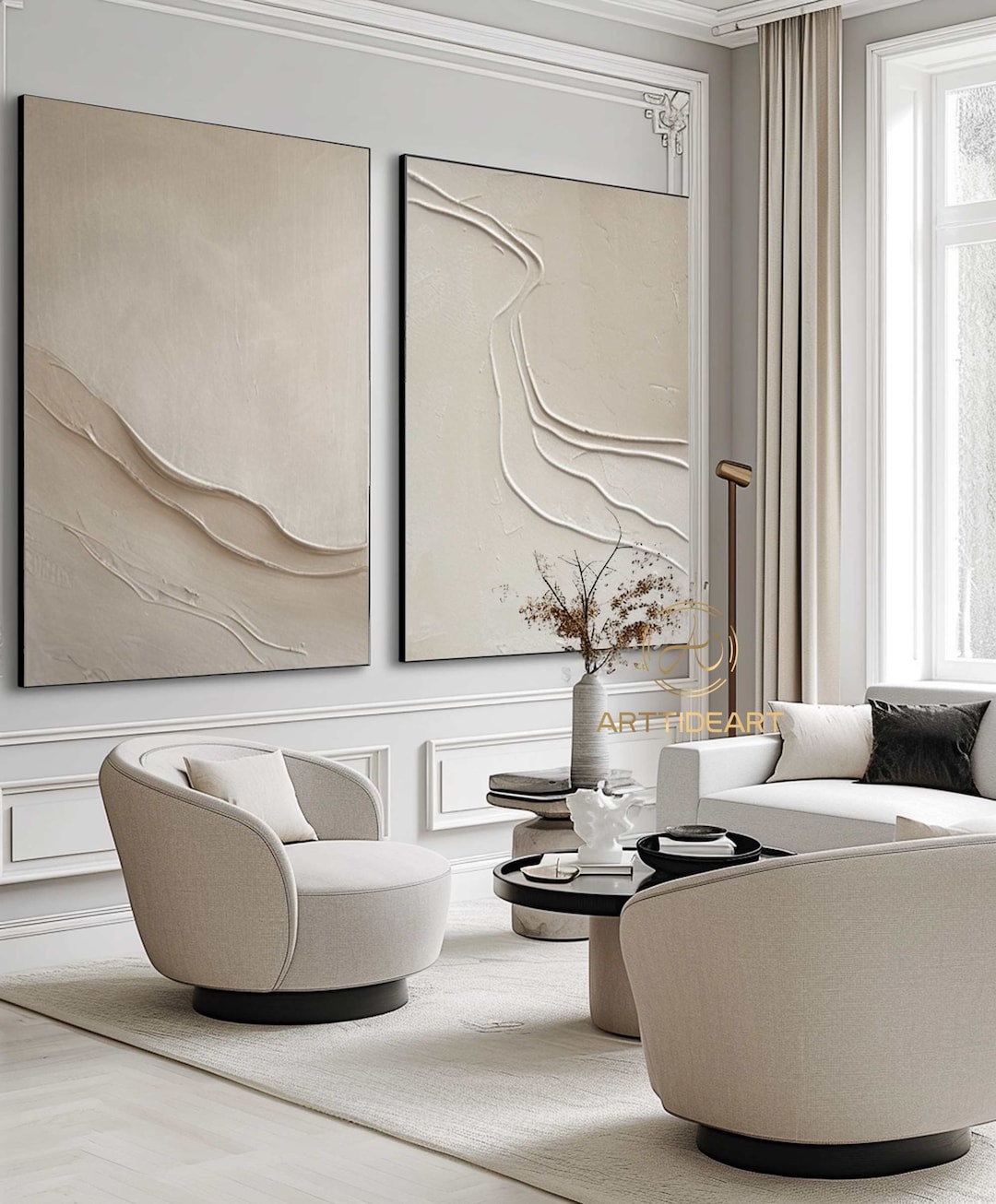 Set of 2 Large Pure Beige White Wall Art 2 Piece Beige Painting on Canvas 3d Textured Wall Art ...