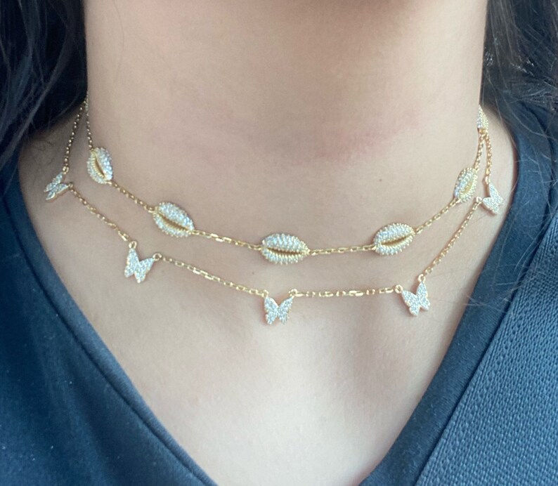 Gold Pave Shell Choker Necklace 925 Sterling Silver Vermeil - Etsy