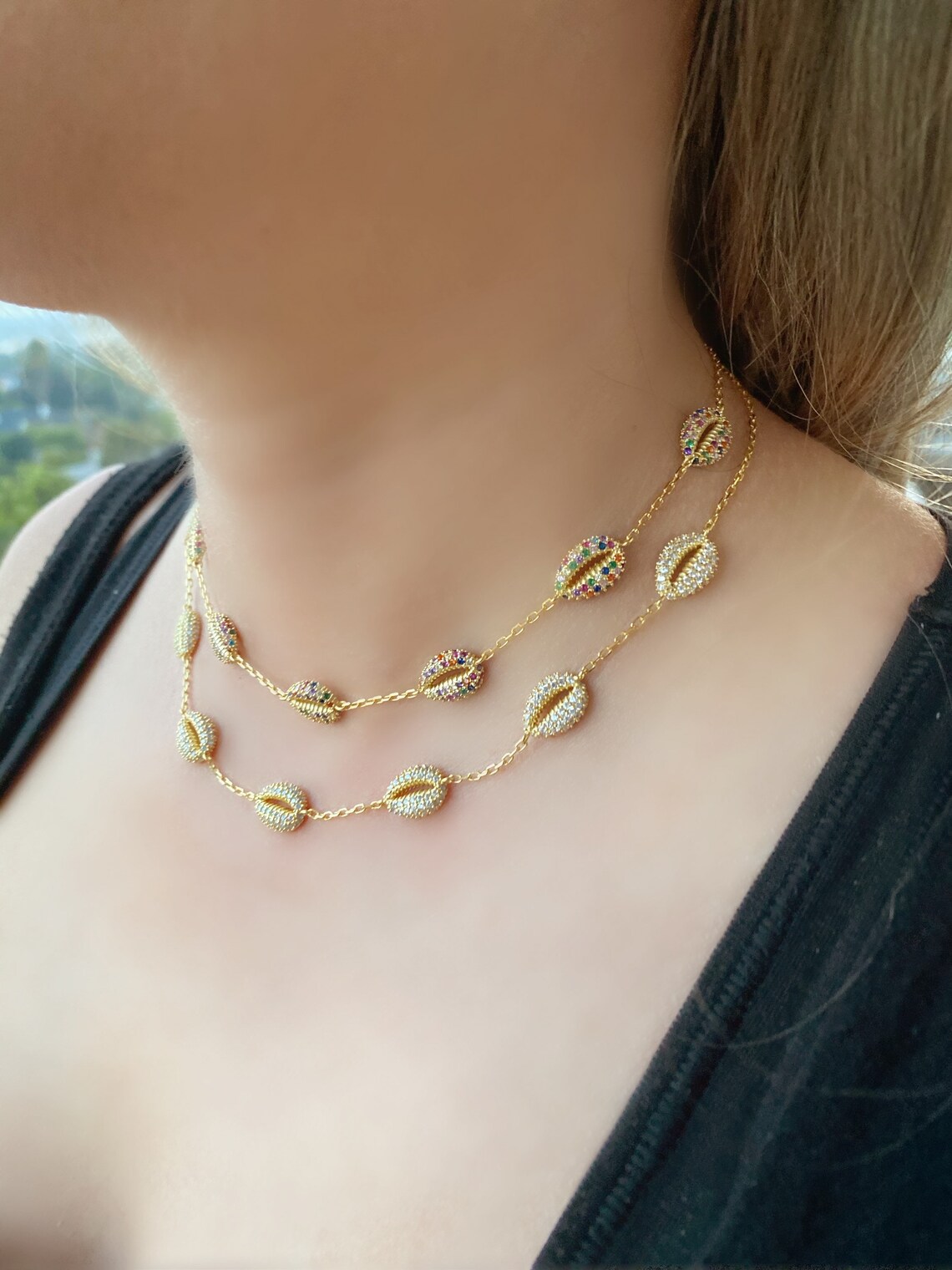 Gold Pave Shell Choker Necklace 925 Sterling Silver Vermeil - Etsy