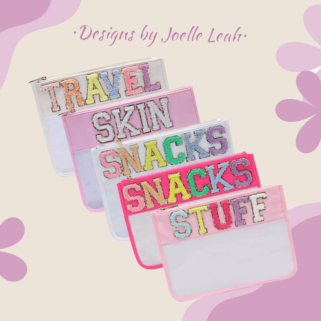 Personalized Clear Pouch With Chenille Patches - Perfect for Make-up, Snacks, Travel, and ...