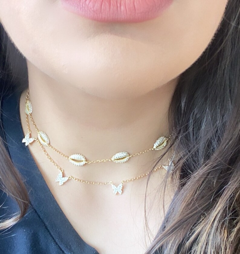 Gold Pave Shell Choker Necklace 925 Sterling Silver Vermeil - Etsy
