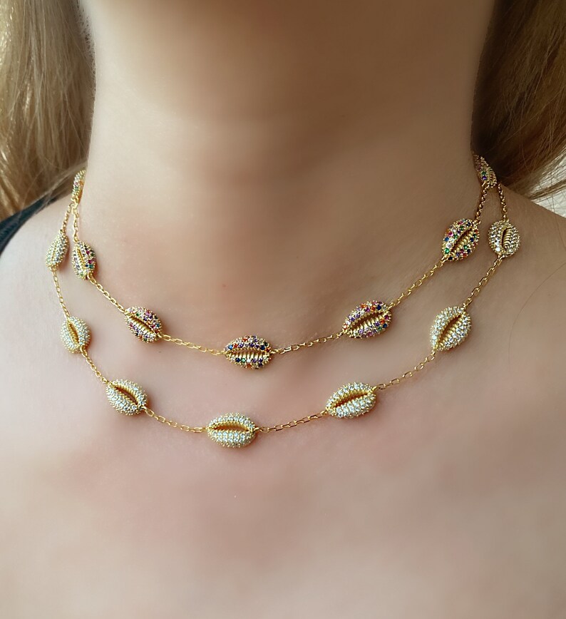 Gold Pave Shell Choker Necklace 925 Sterling Silver Vermeil - Etsy