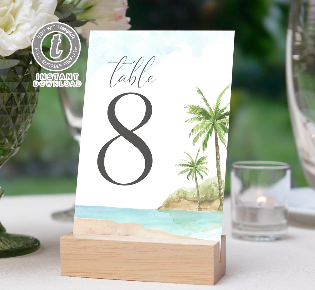 Beach Ocean Themed Wedding Table Number Card Template, Editable ...