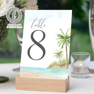 Beach Ocean Themed Wedding Table Number Card Template, Editable ...