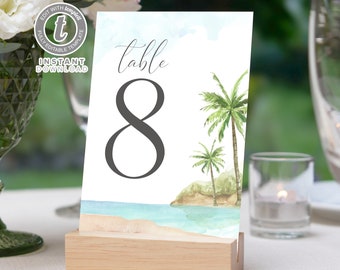 Blue Beach Ocean Themed Wedding Table Number Card Template, Editable ...
