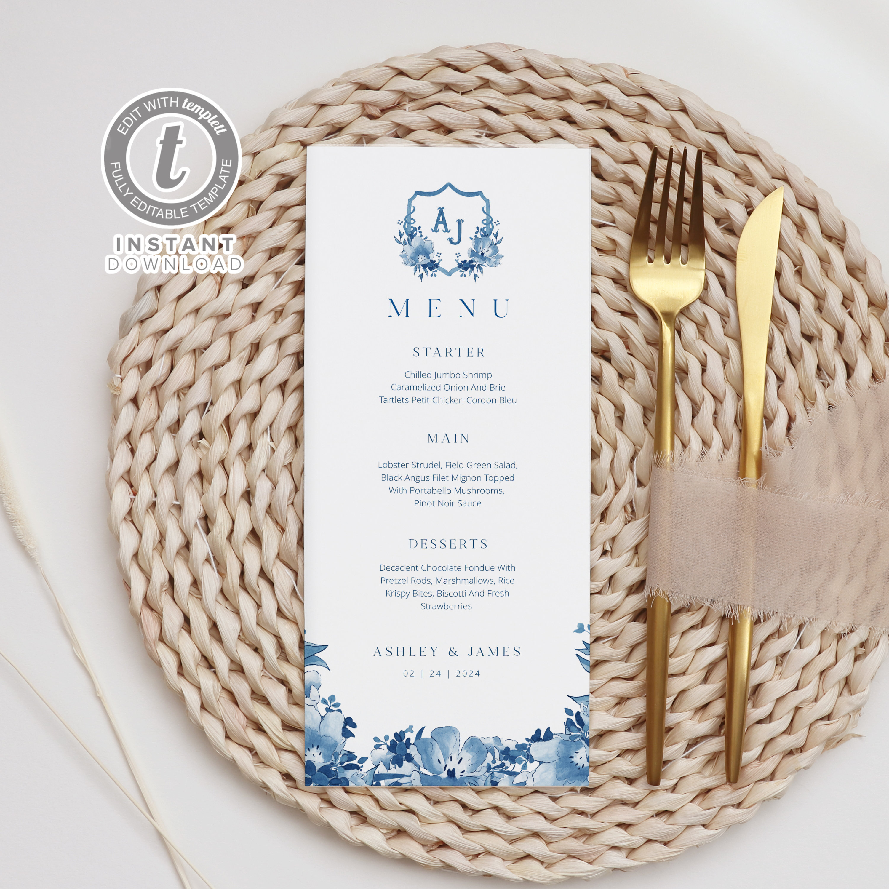 Dusty Blue Wedding Menu Template, Blue Monogram Floral Crest Menu ...