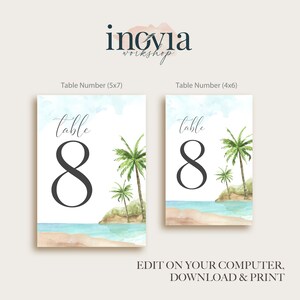 Beach Ocean Themed Wedding Table Number Card Template, Editable ...