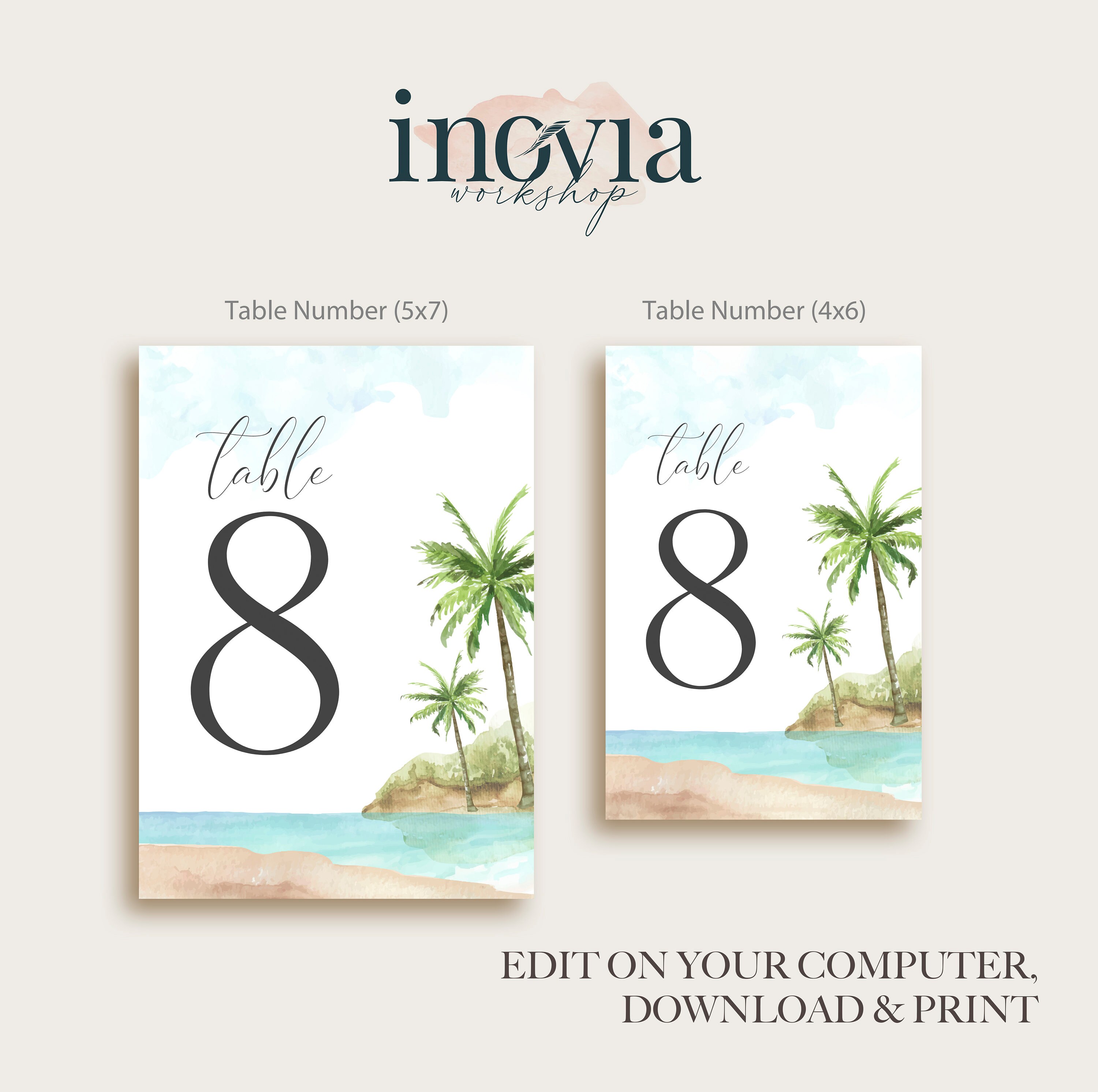 Beach Ocean Themed Wedding Table Number Card Template, Editable ...