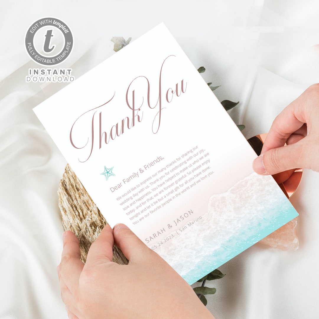 Beach Themed Wedding Thank You Card Template, Summer Beach Thank You ...