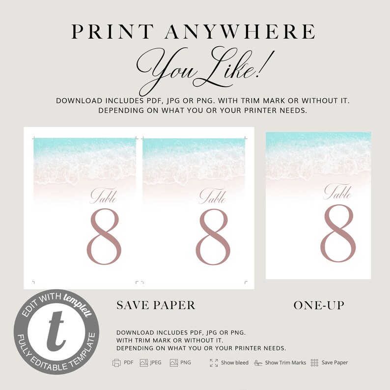 Beach Themed Wedding Table Number Card Template, Editable Printable ...