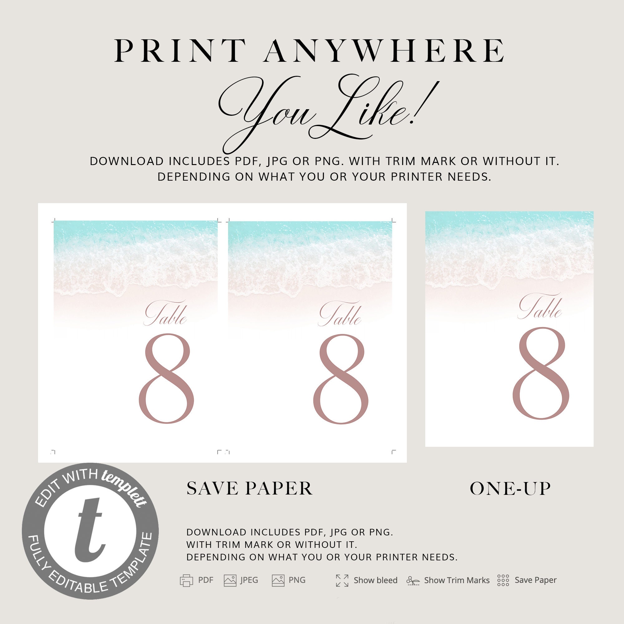 Beach Themed Wedding Table Number Card Template, Editable Printable ...