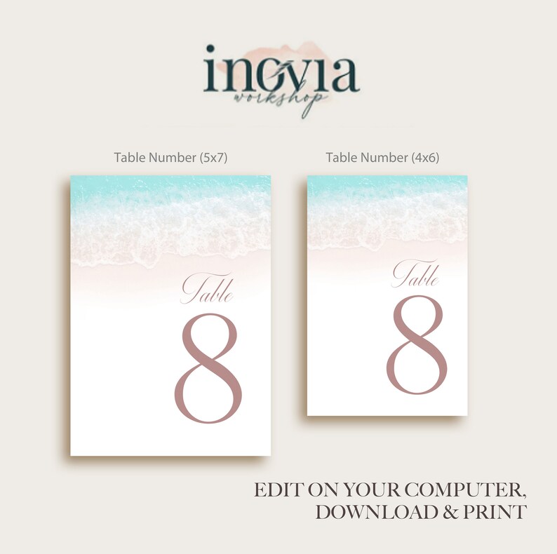 Beach Themed Wedding Table Number Card Template, Editable Printable ...