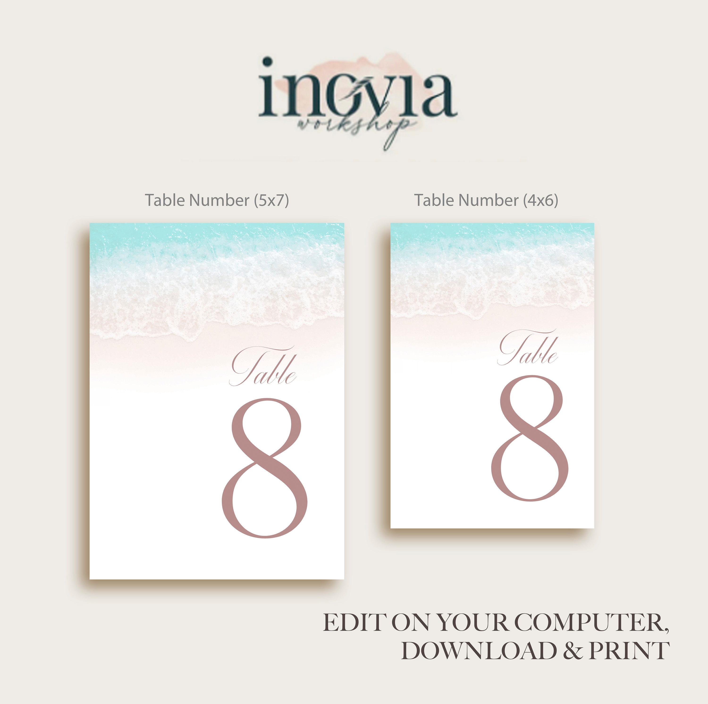 Beach Themed Wedding Table Number Card Template, Editable Printable ...