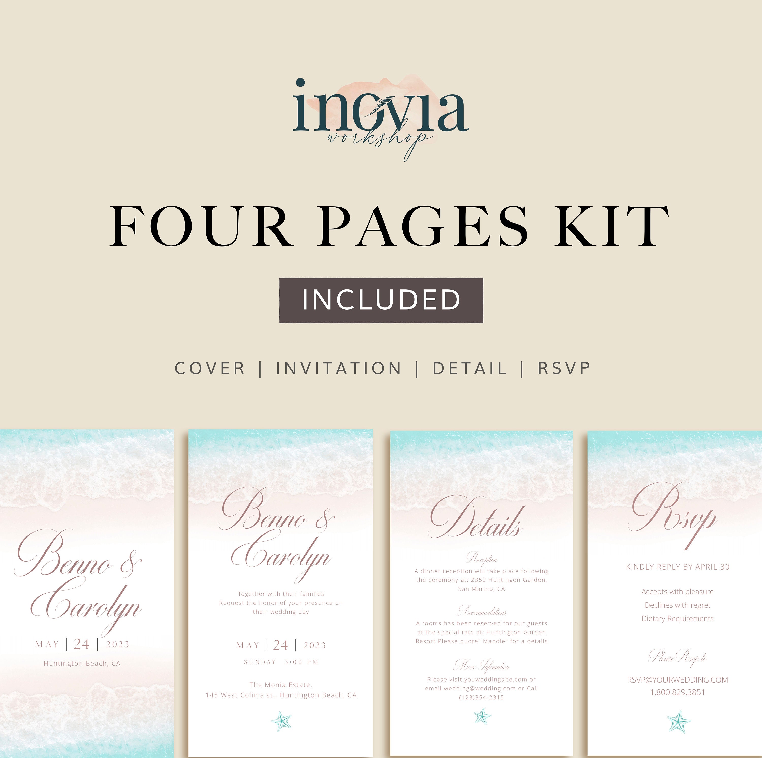 Summer Beach Sand Wedding Invite Set, Beach Digital Wedding Invitation ...