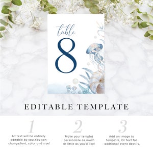 Blue Beach Ocean Themed Wedding Table Number Card Template, Editable ...