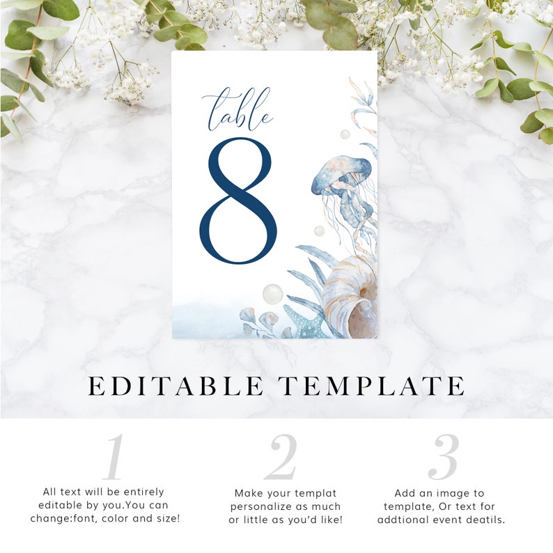 Blue Beach Ocean Themed Wedding Table Number Card Template, Editable ...
