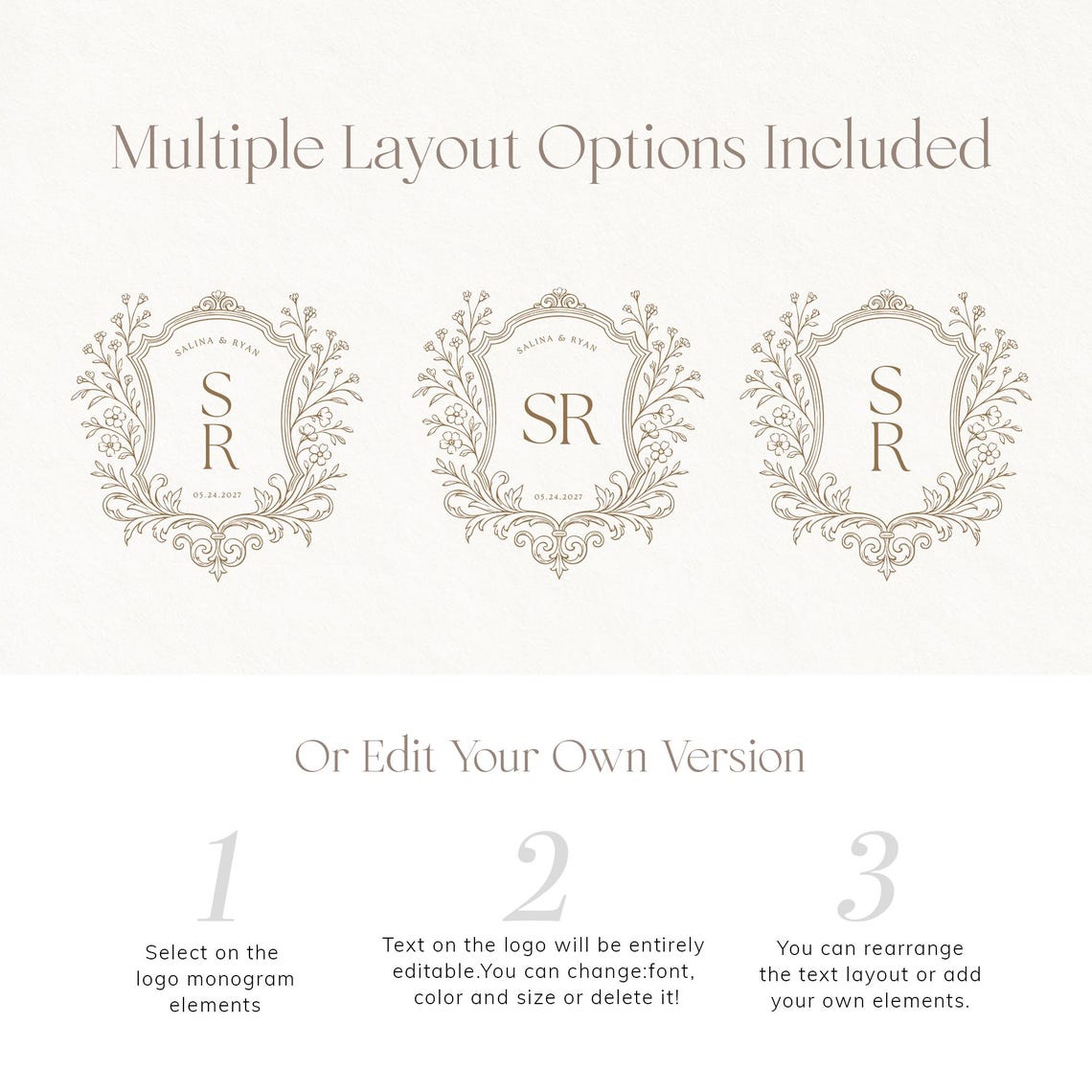 Vintage Floral Wedding Crest Logo Template: Editable Monogram Design ...