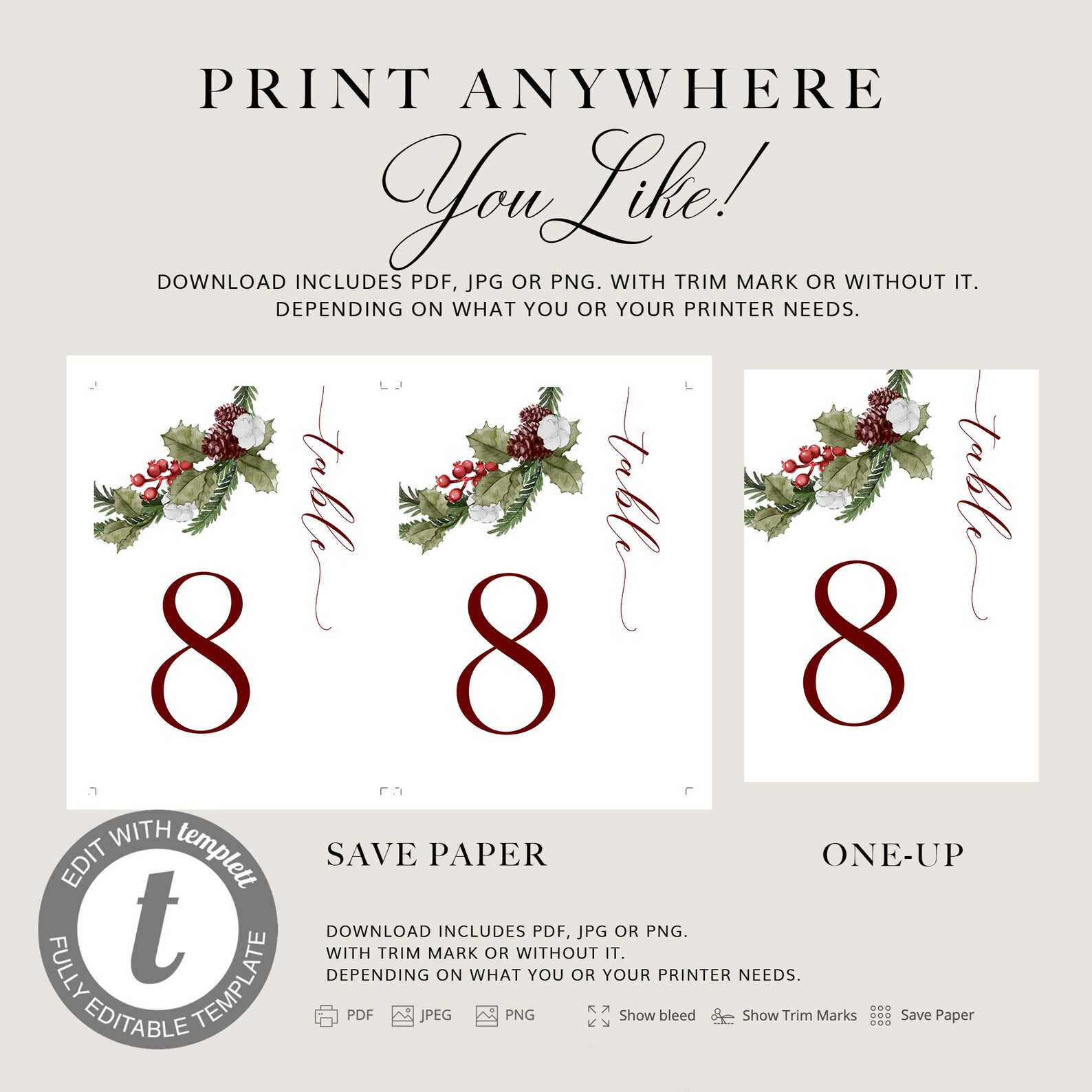 Christmas Table Numbers Template, Holiday Table Numbers, Winter Wedding ...