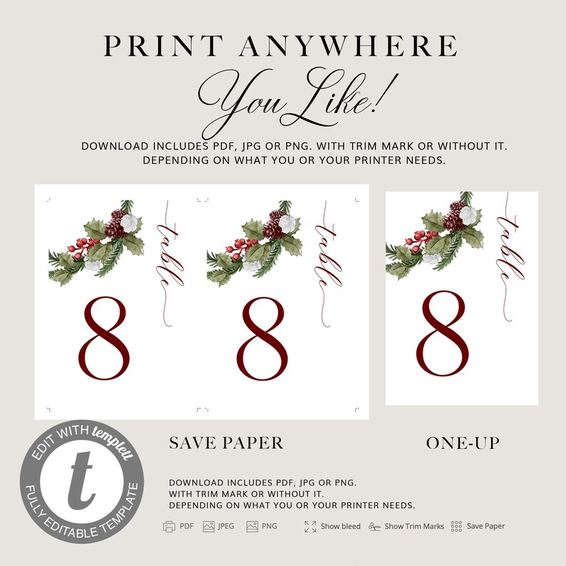 Christmas Table Numbers Template, Holiday Table Numbers, Winter Wedding ...