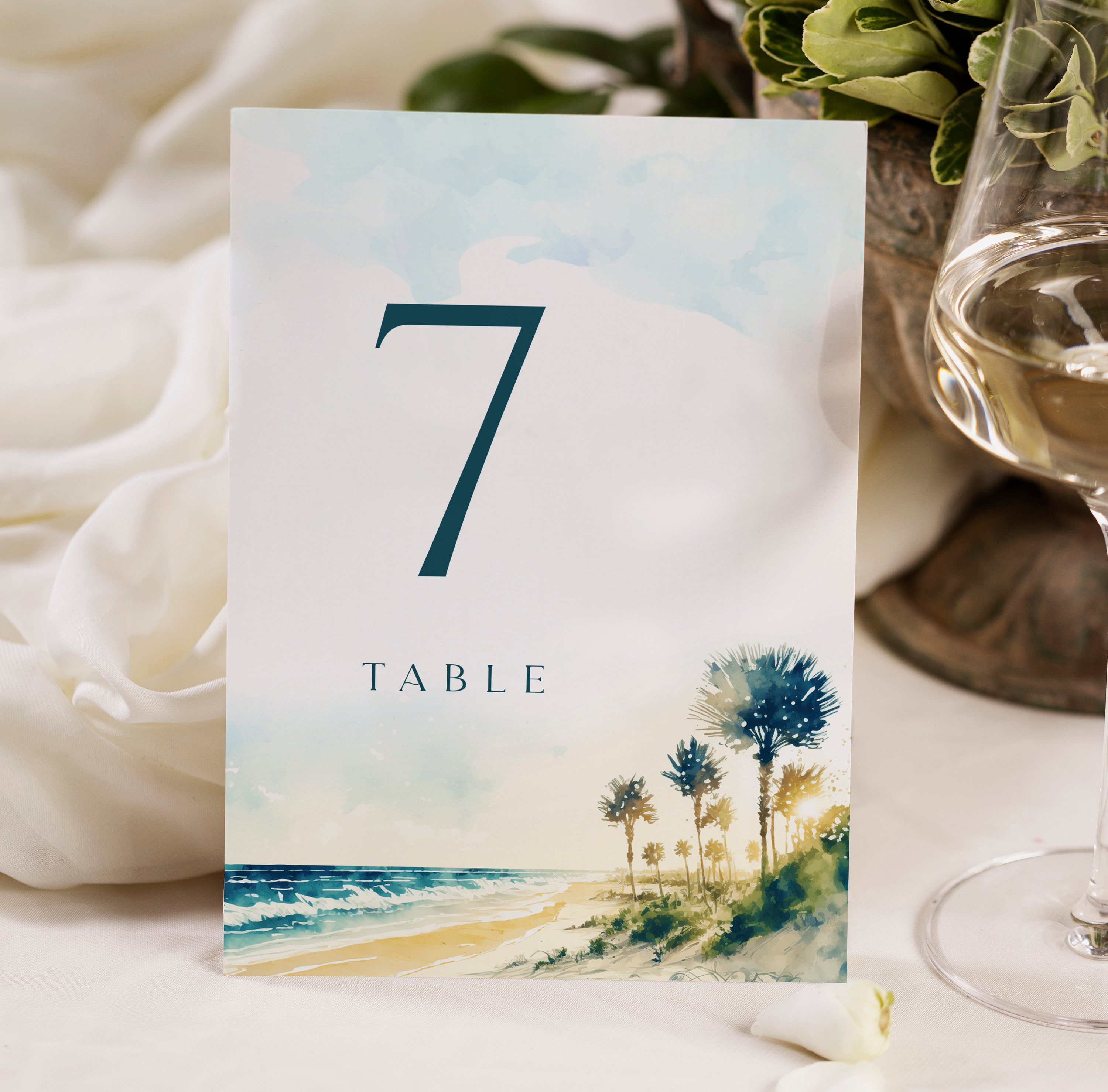 Beach Ocean Themed Wedding Table Number Card Template, Editable Palm ...
