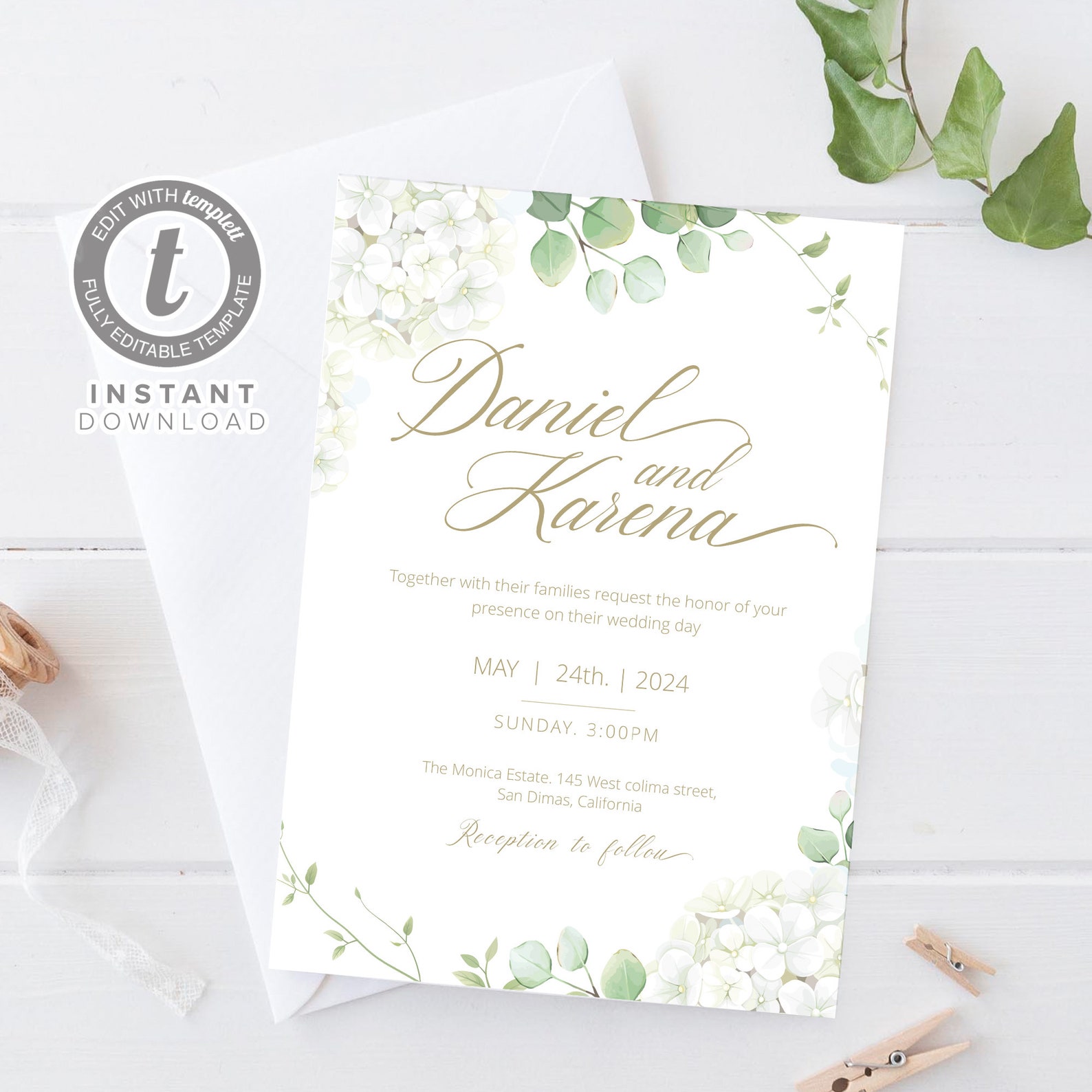 Greenery Hydrangeas Wedding Invitation Template, Editable Wedding ...