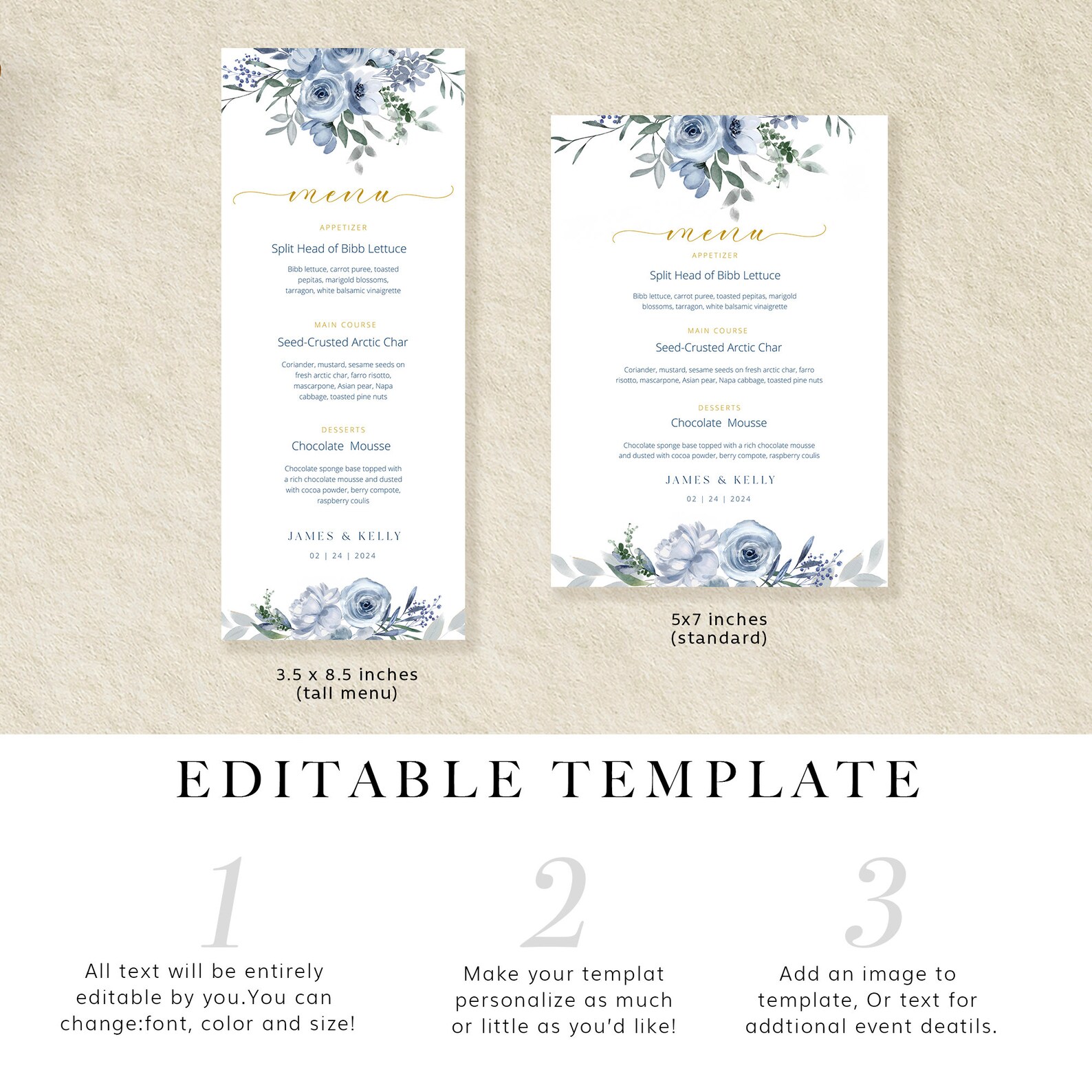 Dusty Blue Wedding Menu Template, Blue Boho Floral Menu, Printable ...