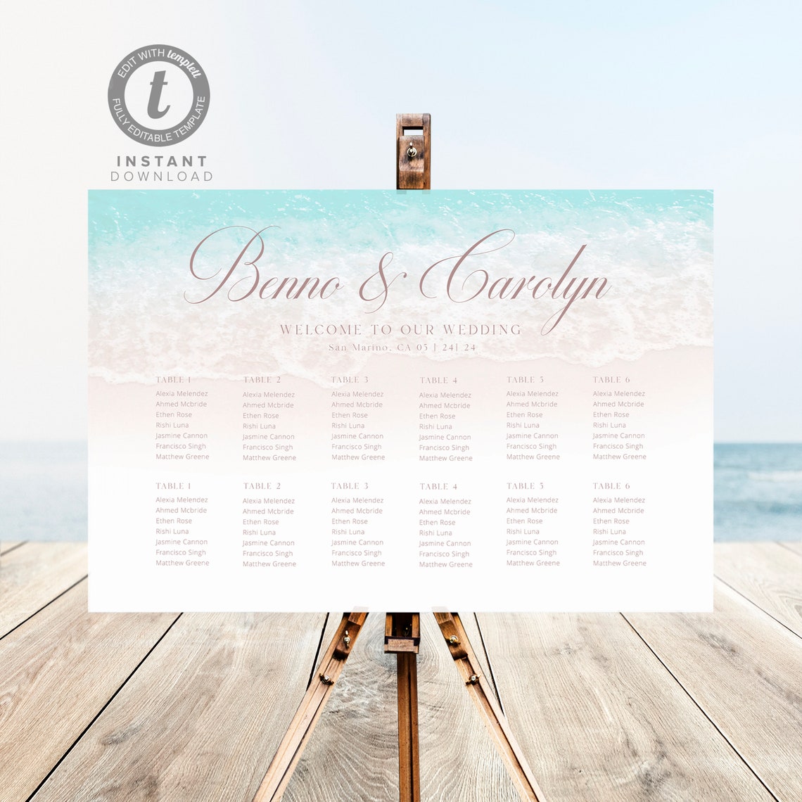 Summer Beach Sand Wedding Seating Chart & Table Card Template Bundle ...