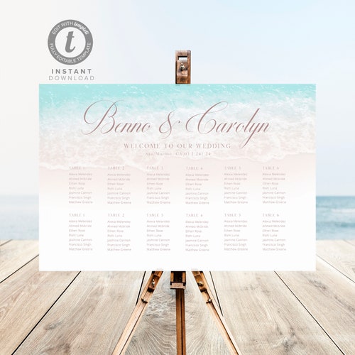 Summer Beach Sand Wedding Seating Chart Template Ocean Beach - Etsy