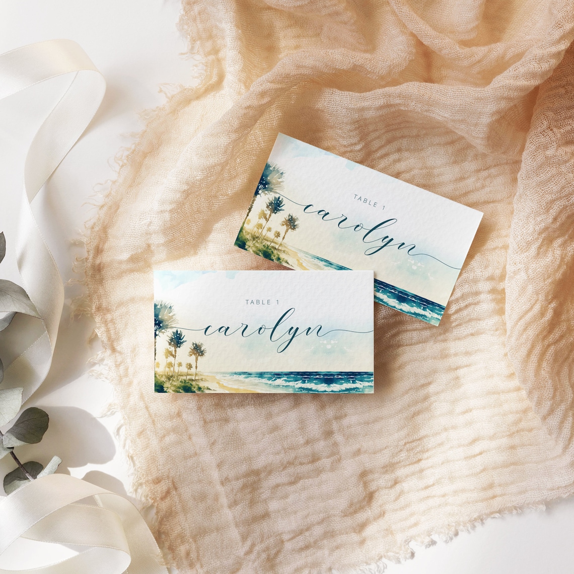 Ocean Beach Wedding Place Card Template,summer Coastal Beach Card ...