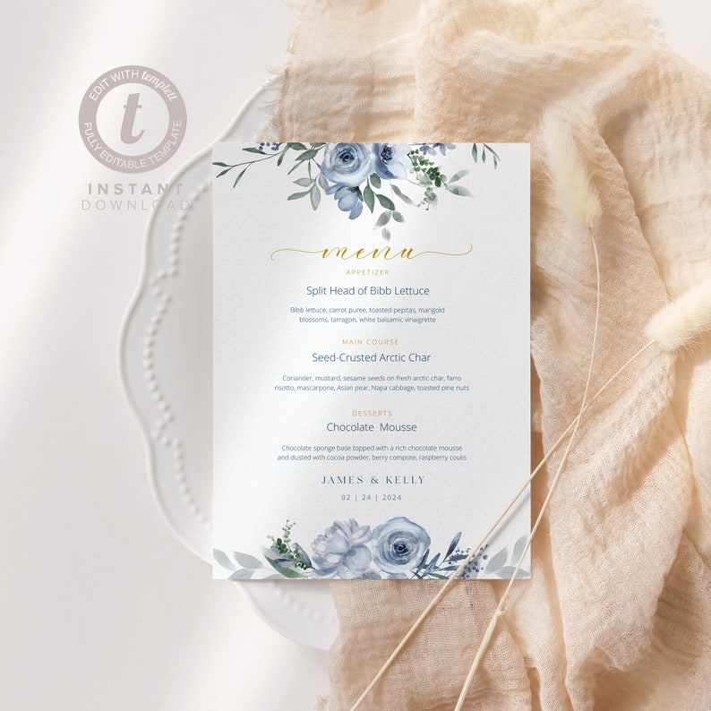 Dusty Blue Wedding Menu Template, Blue Boho Floral Menu, Printable ...